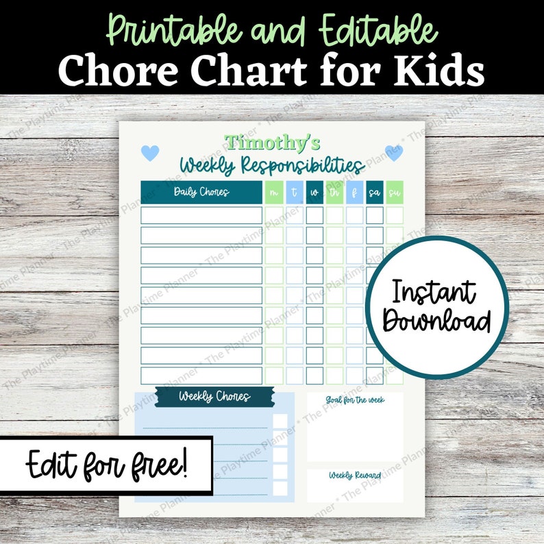 Personalized Chore Chart for Kids, Family Chores Chart, Printable Kids ...
