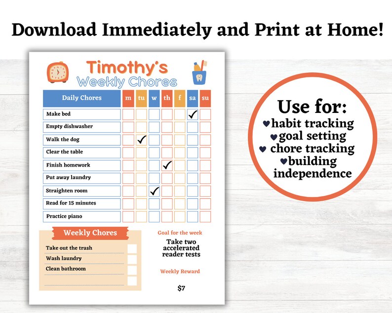 Editable Chore Chart for Kids | Printable | Kids Daily Weekly ...