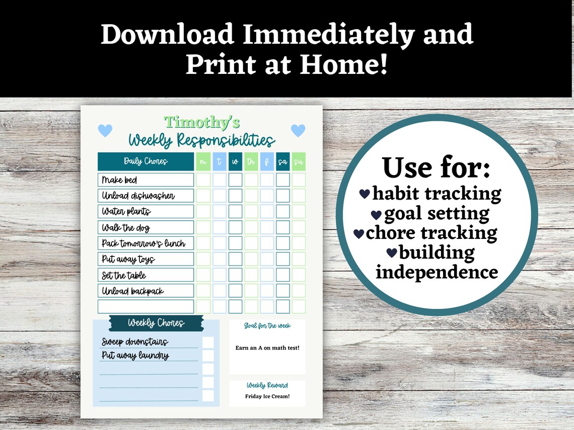 Personalized Chore Chart for Kids, Family Chores Chart, Printable Kids ...
