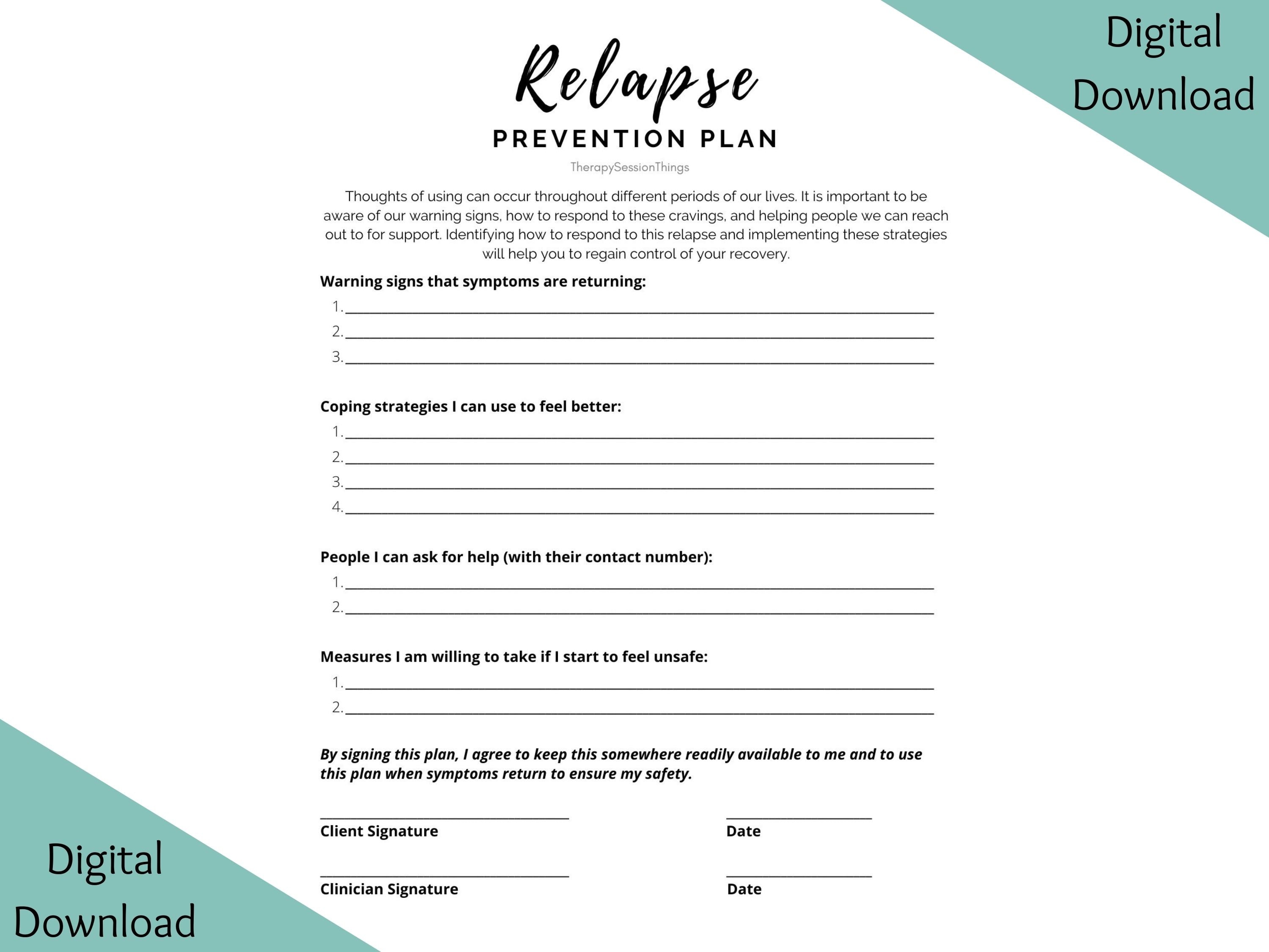 Relapse Prevention, Crisis Plan, Mental Health, Therapy Printable ...