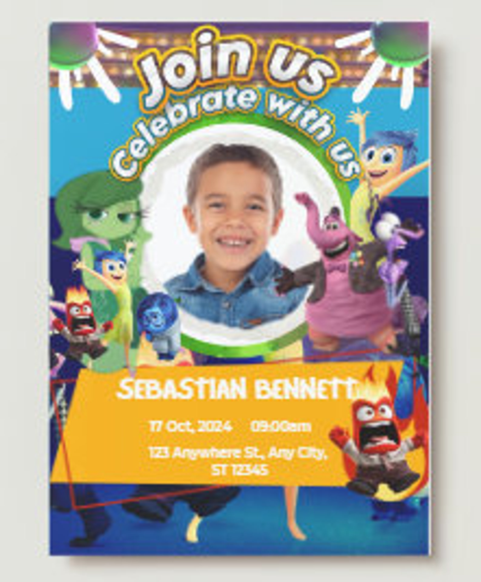 Insideout Birthday Invitation Card Canva Template, Edit Name and Location and Print, Easy and ...