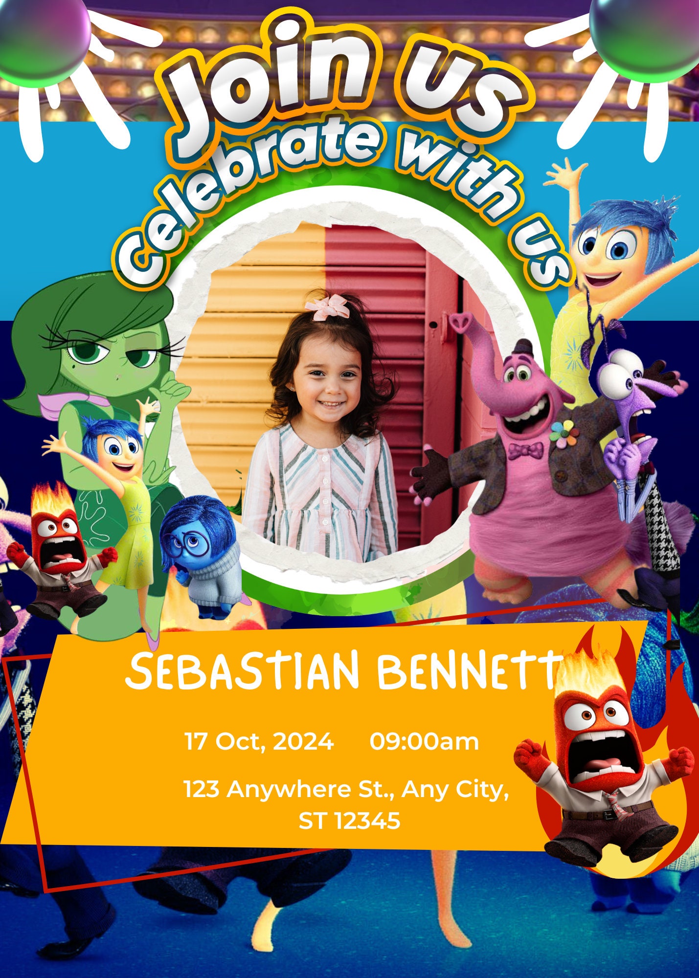 Insideout Birthday Invitation Card Canva Template, Edit Name and Location and Print, Easy and ...