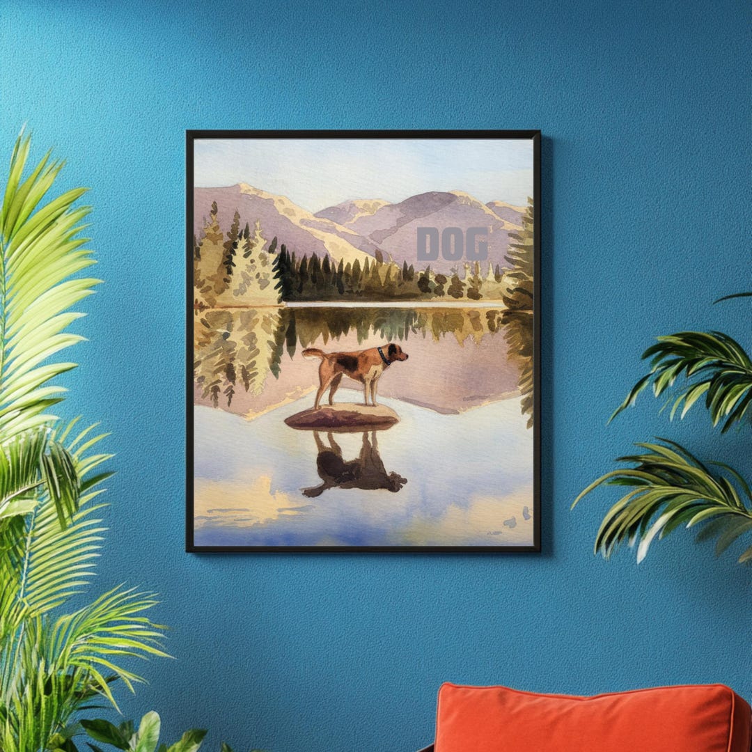 A Watercolor Painting of a Calm Lake With a Reflection of Trees and ...