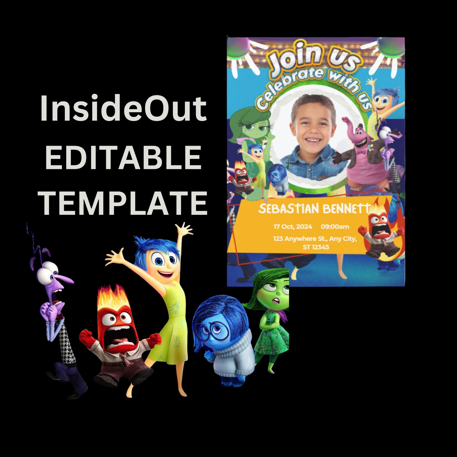 Insideout Birthday Invitation Card Canva Template, Edit Name and Location and Print, Easy and ...