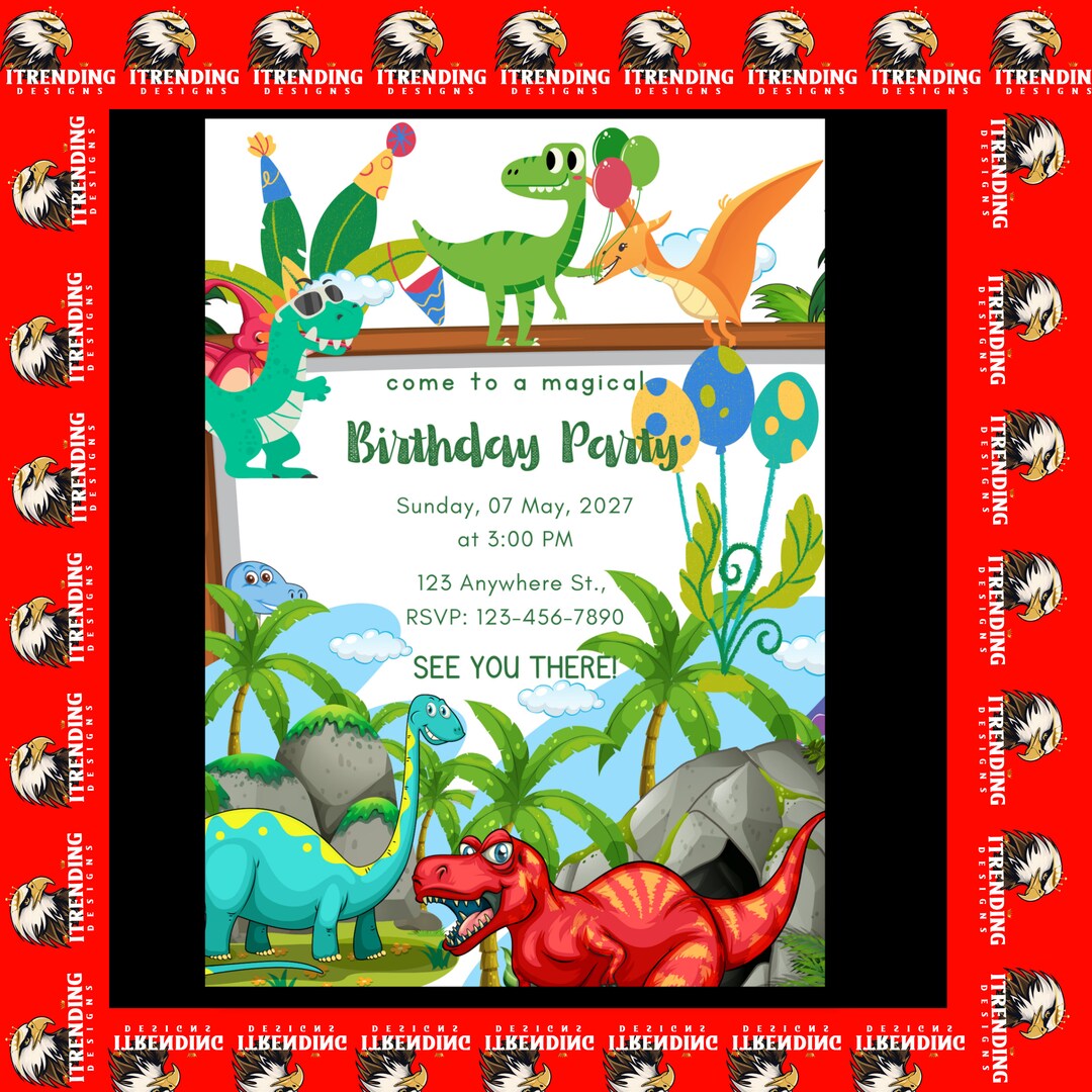 Dinosaur Birthday Invitation Card Template - Etsy