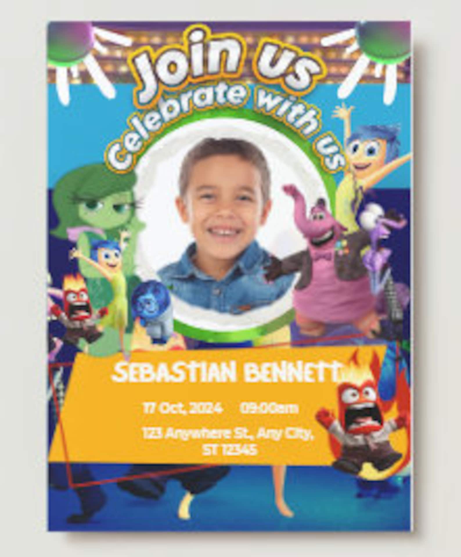 Insideout Birthday Invitation Card Canva Template, Edit Name and Location and Print, Easy and ...