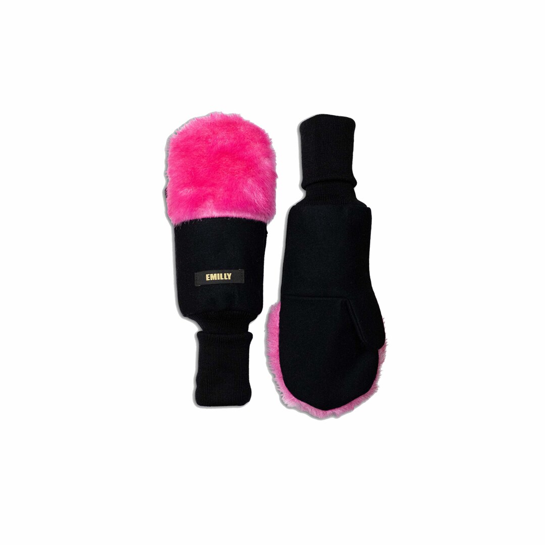 Black Pink Faux Fur Mittens Faux Fur Pink Wool Gloves for Winter Fluffy ...