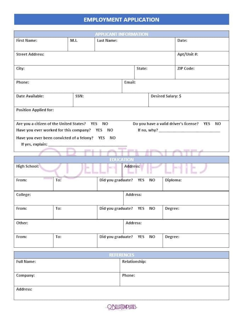Basic Employment Application Download - Etsy