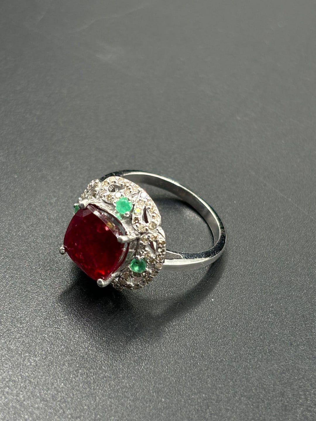Designer Ruby & Emerald Gemstone Ring, 925 Sterling Silver With ...