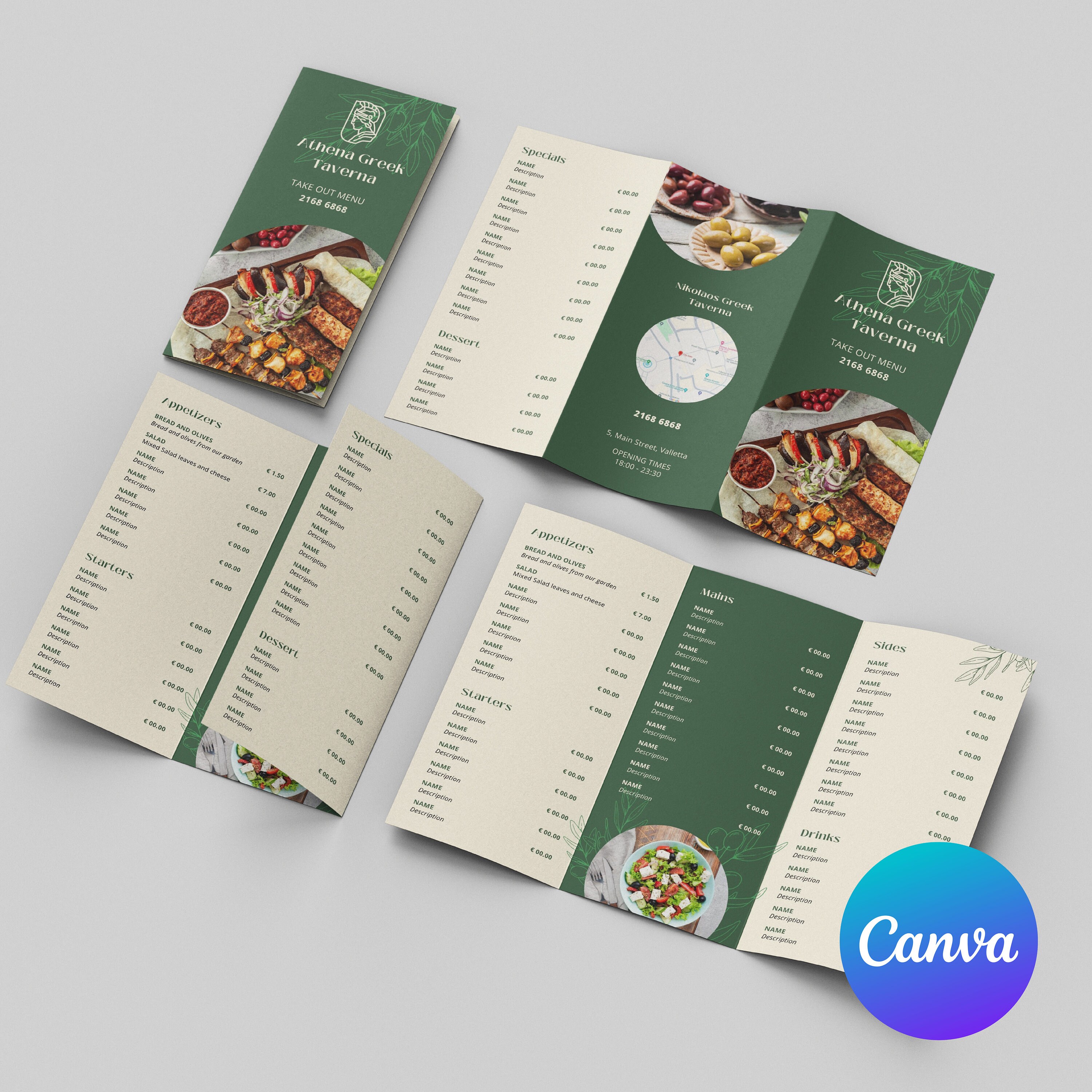 OLIVE Trifold Menu Template Canva A4 Brochure DIY Editable Take Out ...