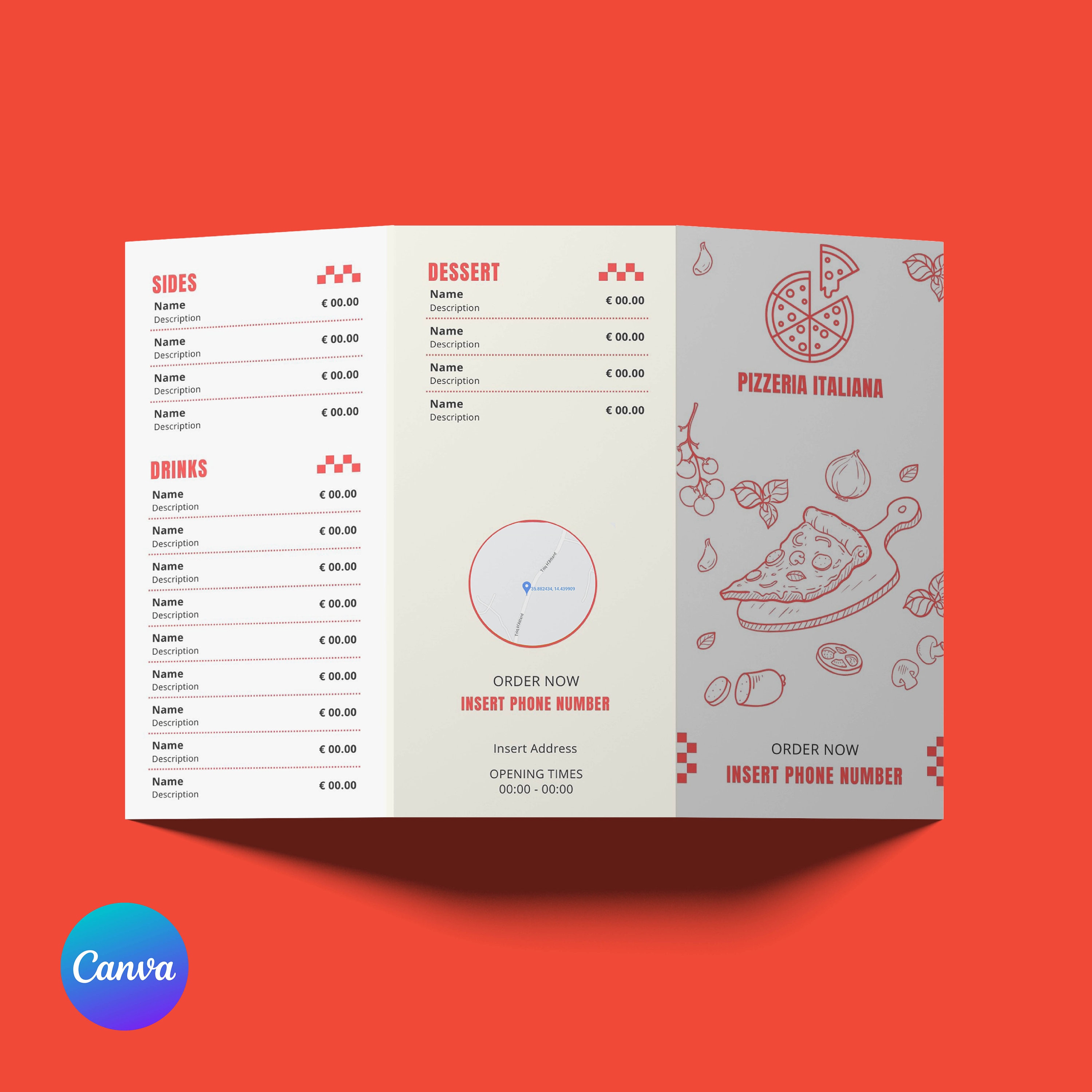 PIZZA Takeout Menu Template | Canva A4 Trifold Brochure | DIY Editable ...