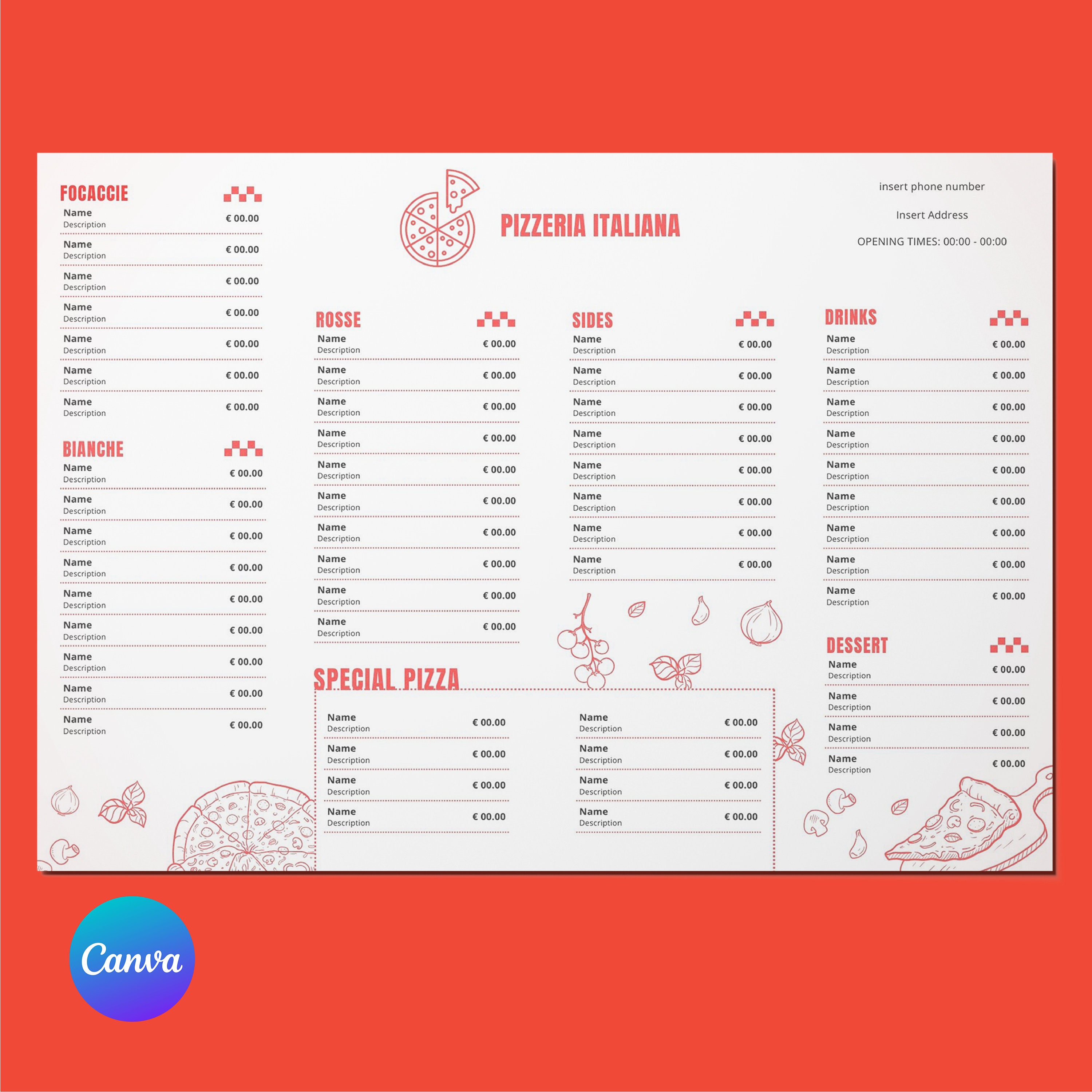 PIZZA Placemat Menu Template | Canva A3 | DIY Editable | Take Away Menu ...