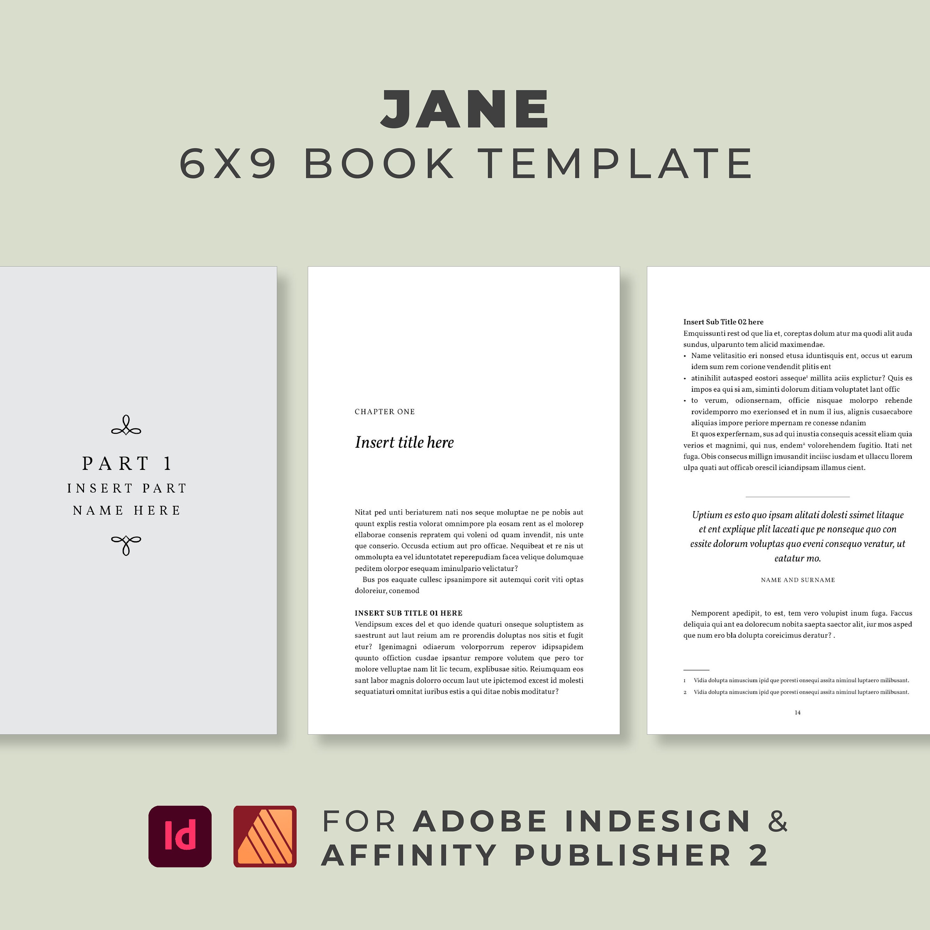 JANE Indesign Affinity Publisher Book Layout Template | 6x9 Interior ...