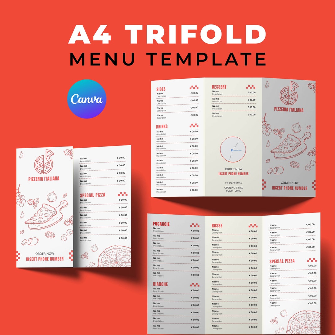 PIZZA Takeout Menu Template | Canva A4 Trifold Brochure | DIY Editable ...