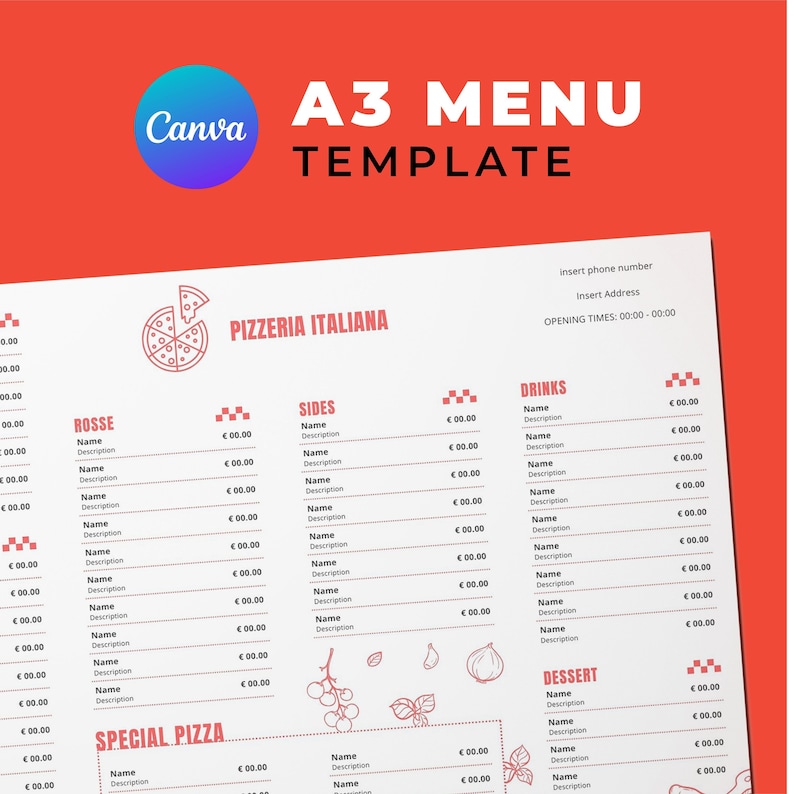 PIZZA Takeout Menu Template Canva A3 DIY Editable Take Out Take Away ...
