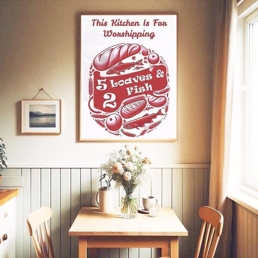 2 Fish 5 Loaves, Jesus Feeds 5000 Wall Art - Retro Poster, Bible Verse ...