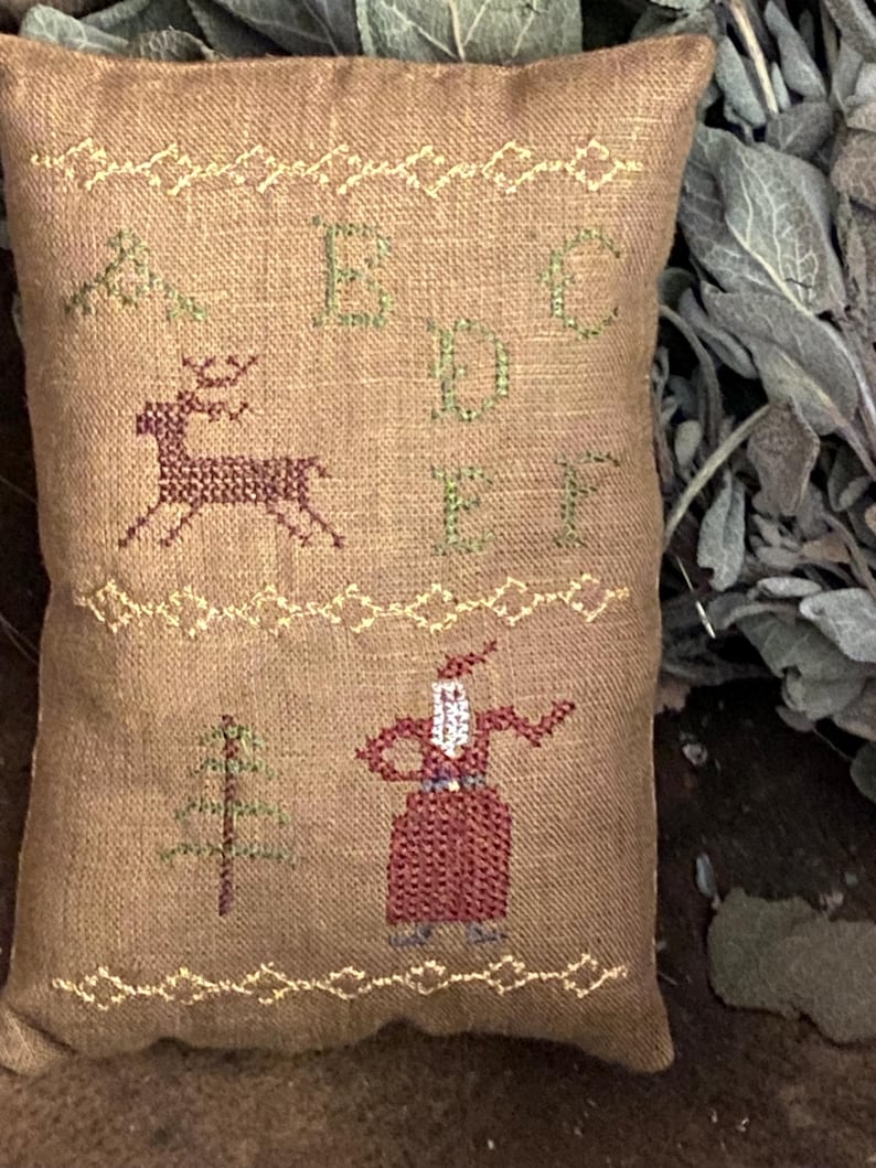 Cross Stitch ABCD Sampler Santa Pillow Tick Primitive Bowl Trencher ...