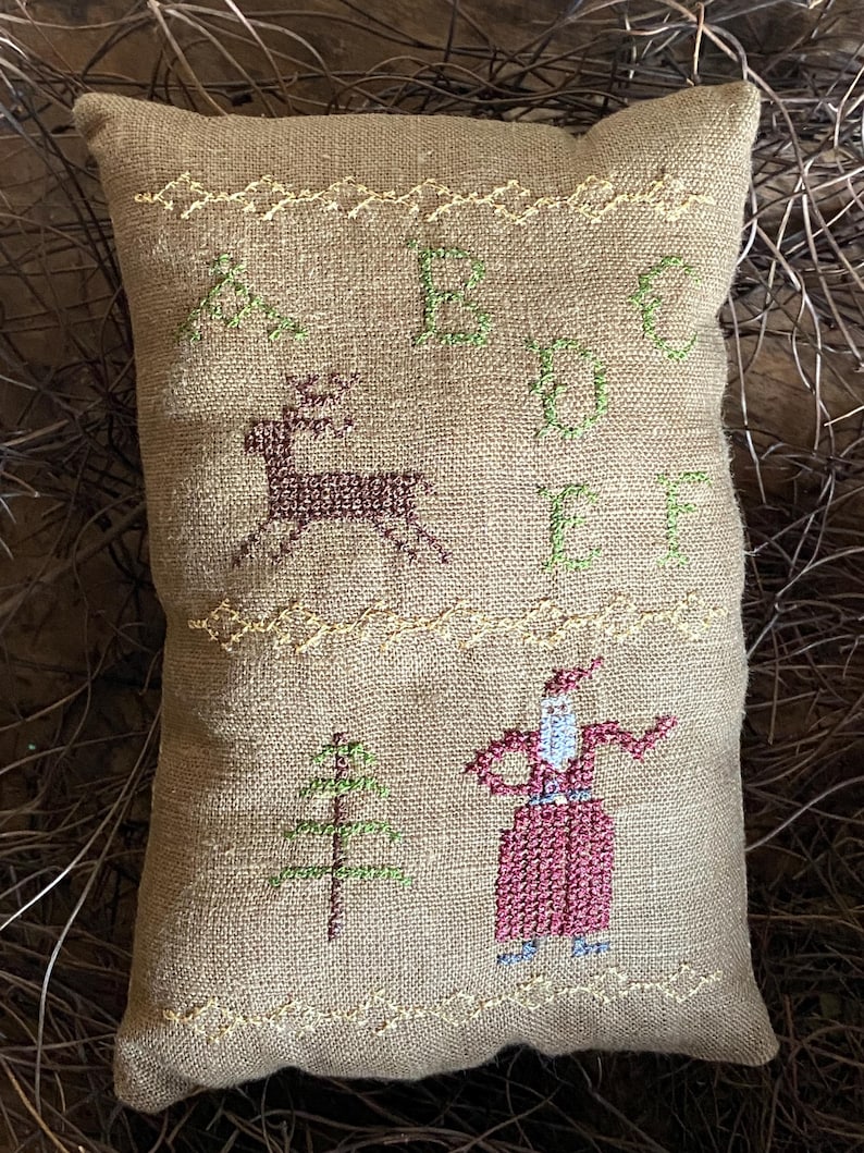 Cross Stitch ABCD Sampler Santa Pillow Tick Primitive Bowl Trencher ...