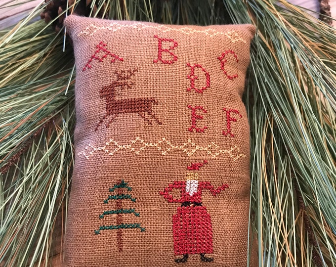 Cross Stitch ABCD Sampler Santa Pillow Tick Primitive Bowl Trencher ...