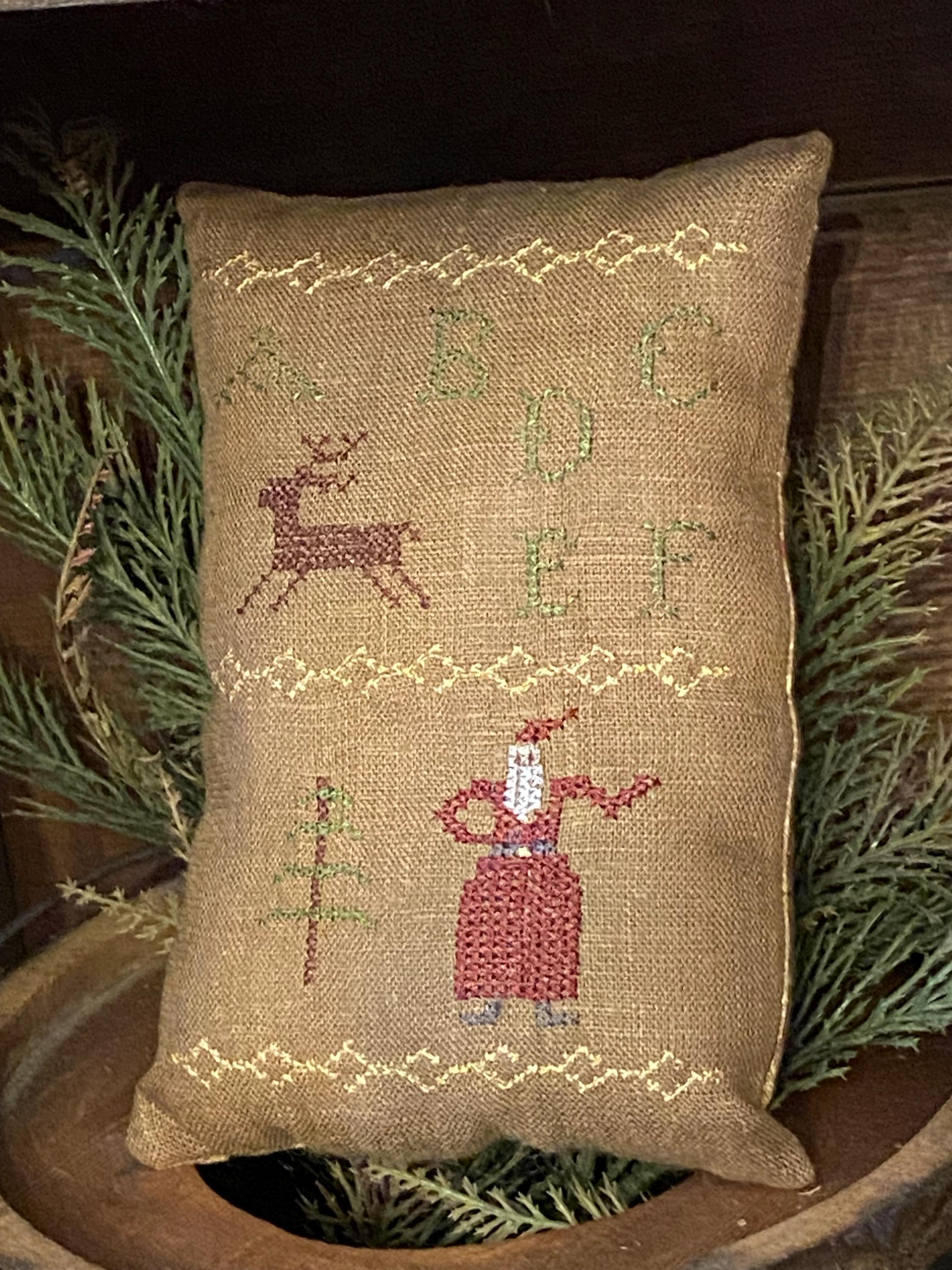 Cross Stitch ABCD Sampler Santa Pillow Tick Primitive Bowl Trencher ...