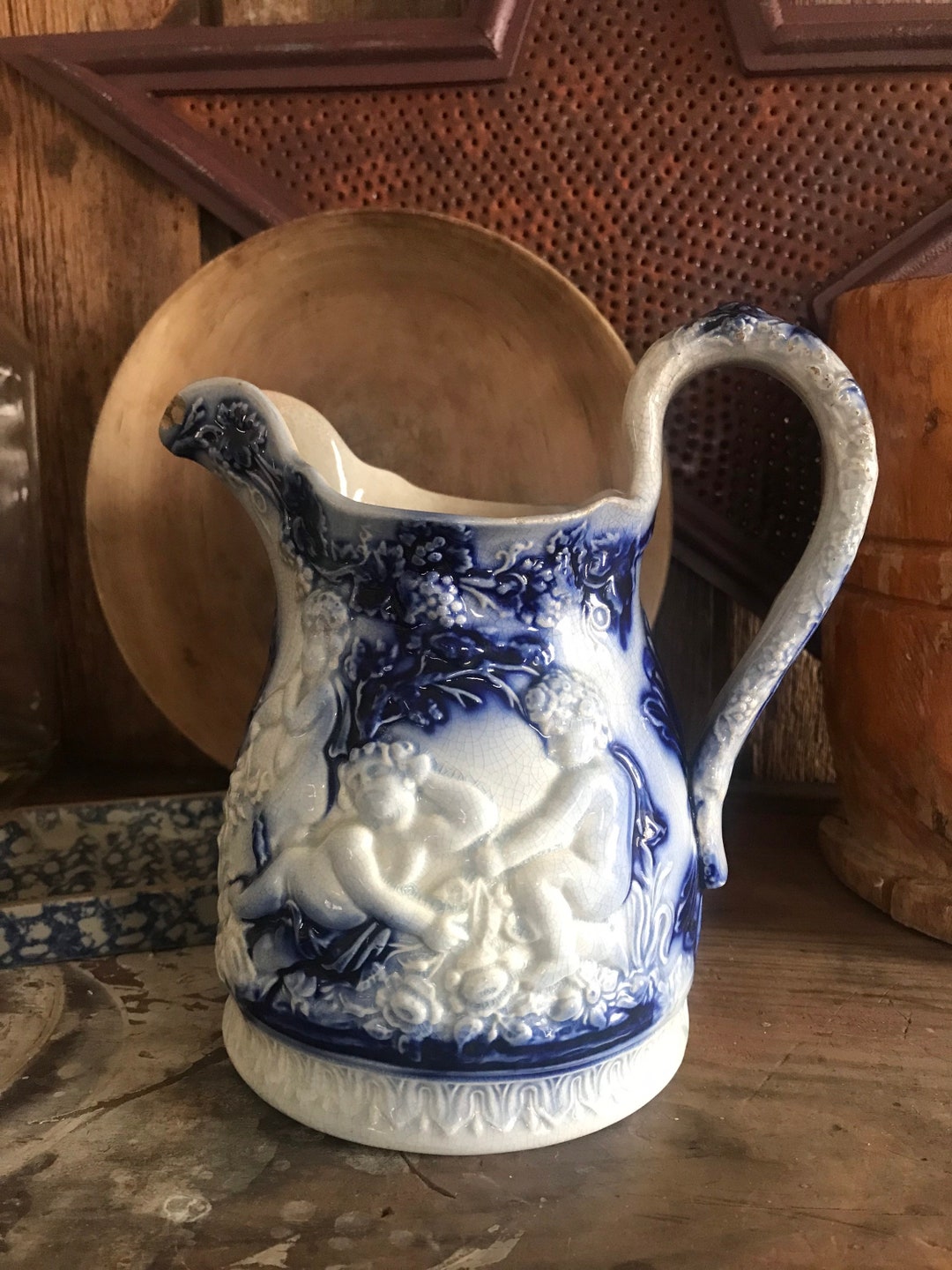 Early Flow Blue Cherub Pitcher Antique - Etsy