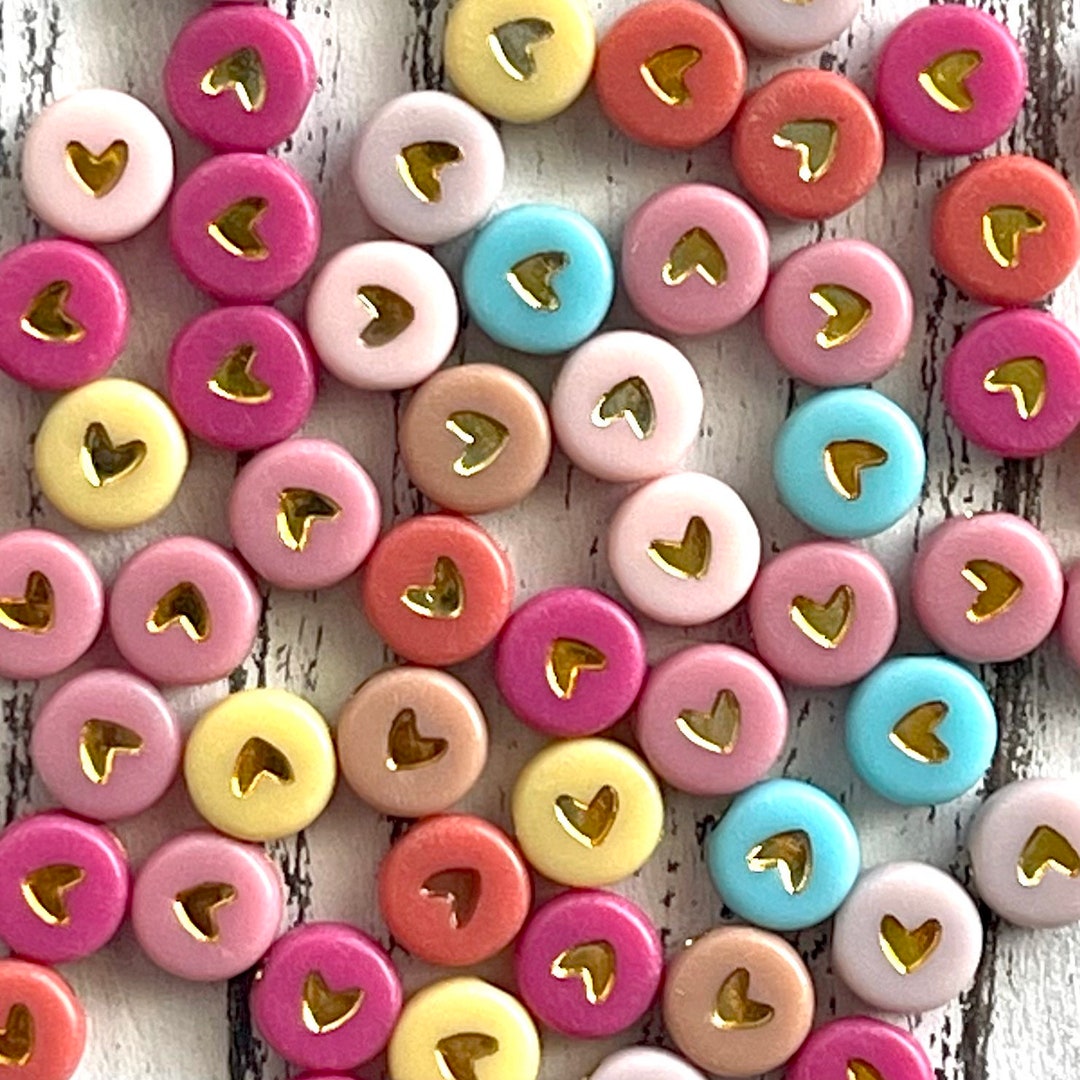 7mm Fall GOLD Colored Heart Letter Acrylic Bead/ Round Heart Beads ...