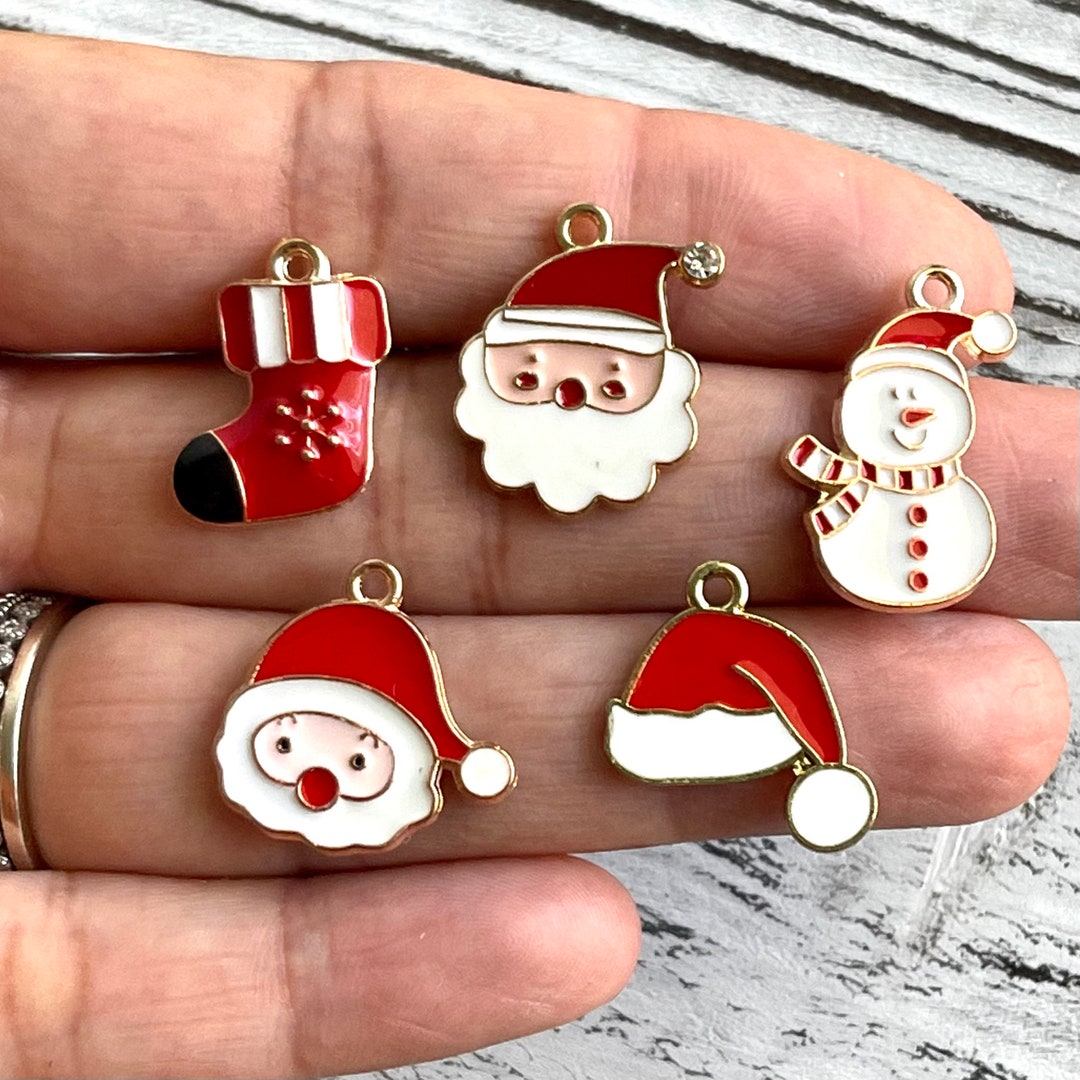 5 Christmas Santa Hat Snowman Stocking Charm/ Winter Charm/ Enamel ...