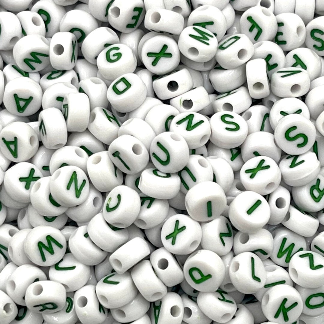 7mm White & Dark Green Alphabet Letter Acrylic Bead/ Round Letter Beads ...