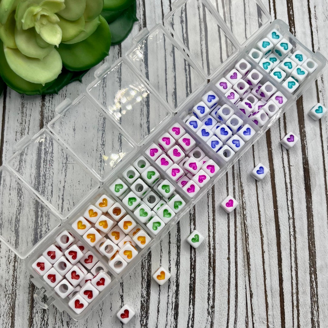 7mm White Cube Rainbow Heart Letter Acrylic Bead Kit/ Round Heart Beads ...