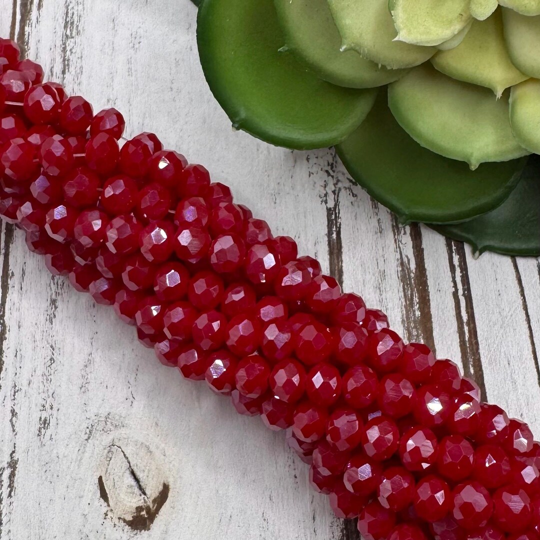 6mm X 4-5mm Round Faceted Ruby Red Opaque Iridescent Crystal Glass Bead ...