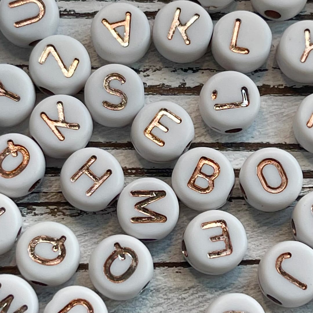 7mm White & Rose Gold Alphabet Letter Acrylic Bead/ Round Letter Beads ...
