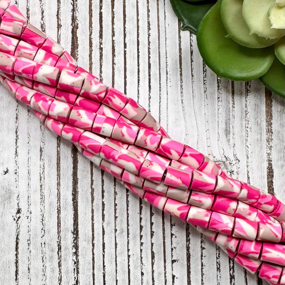 NEW*** 6mm Hot Pink and Tan Abstract Printed Chunky Polymer Clay Tube ...