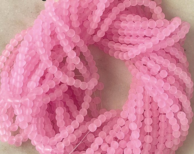 6mm Light Bubblegum Pink Frosted Sea Glass Bead 31 Inch Strand / Approx ...