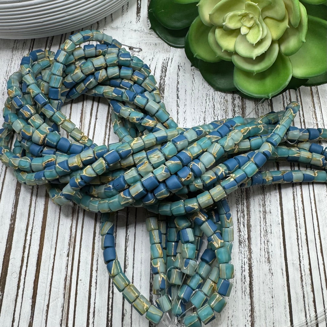 6mm Blue & Gold Marbled Chunky Polymer Clay Tube 15 Inch Strand ...