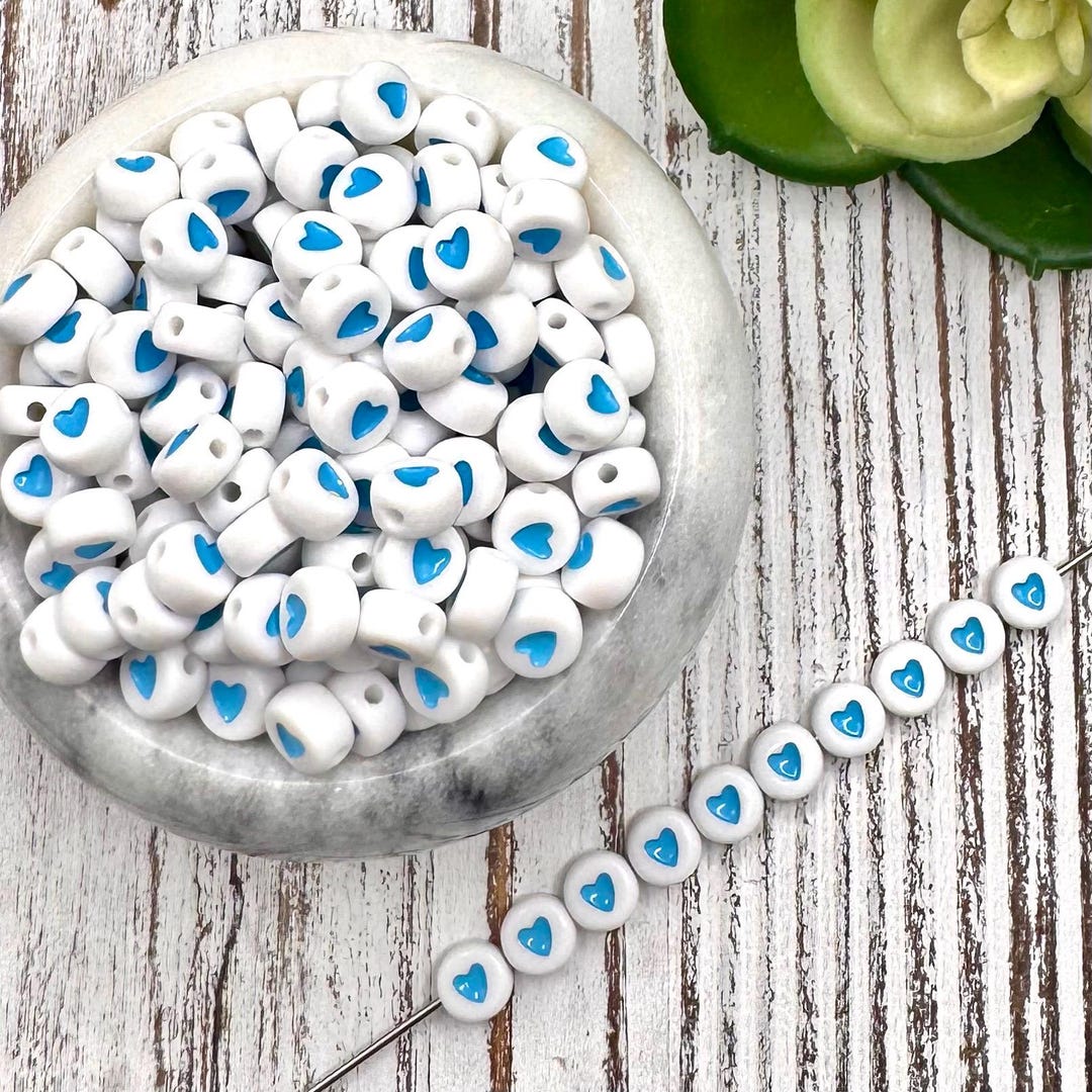 NEW*** 7mm White Sky Blue Heart Letter Acrylic Bead/ Round Heart Beads ...