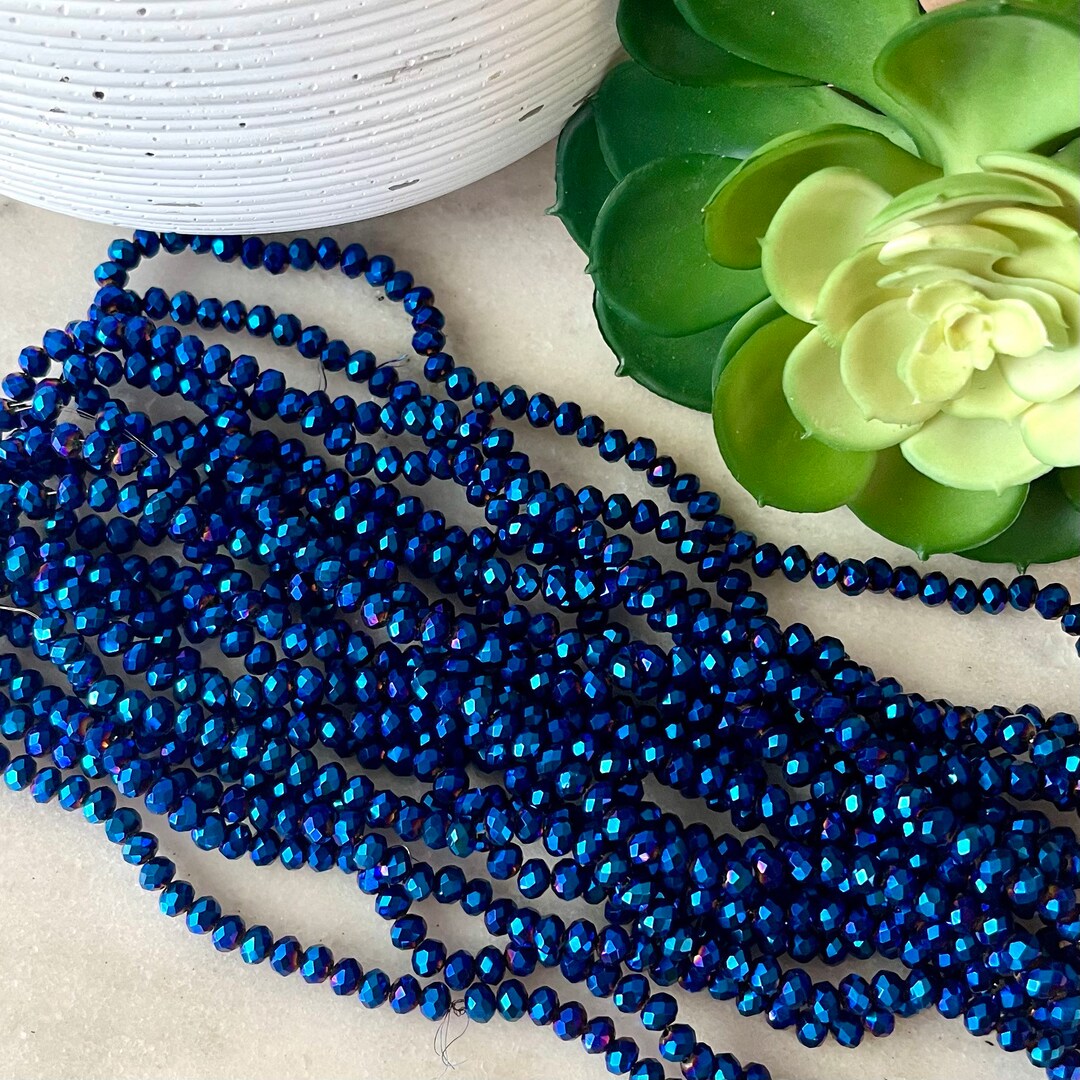 6mm X 5mm Round Faceted Electroplated Blue Metallic Crystal Glass Bead ...