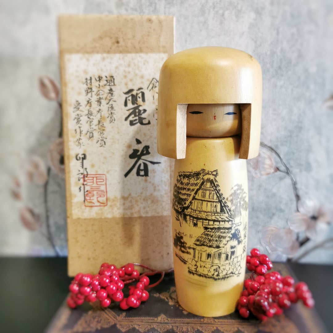 Vintage Kokeshi Doll "shiro Irori/ Hida No Michi" Sumi-e Ink Design by ...