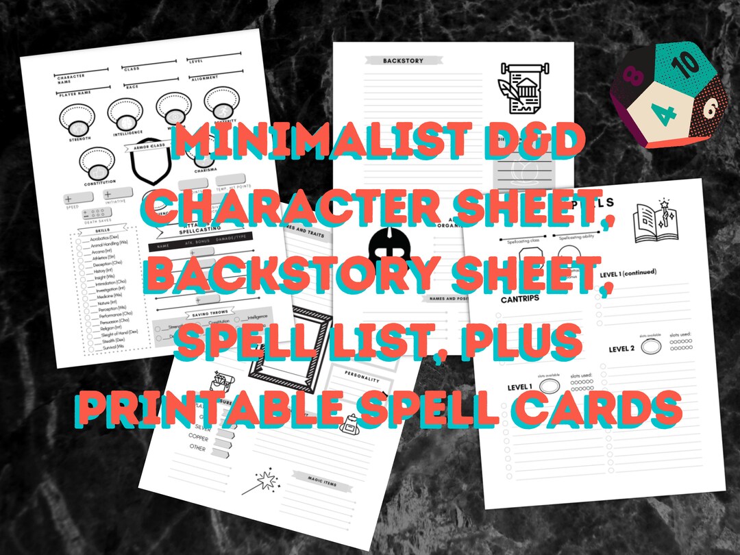 D&D Character Sheet, Spell List, and Printable Spell Cards Minimalist ...