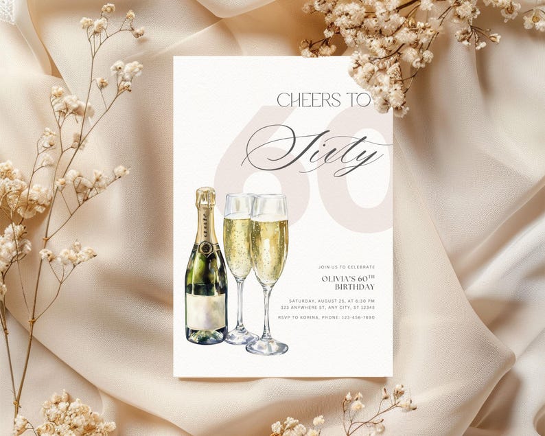 60th Birthday Invitation Template, Cheers to 60, Sixty Years Birthday ...