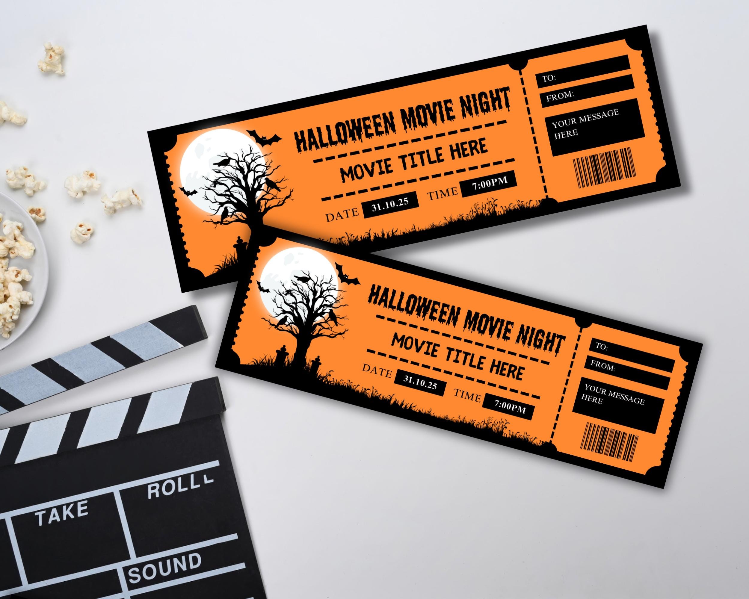 Halloween Movie Night Ticket Template Gift | Spooky Movie Invitation ...