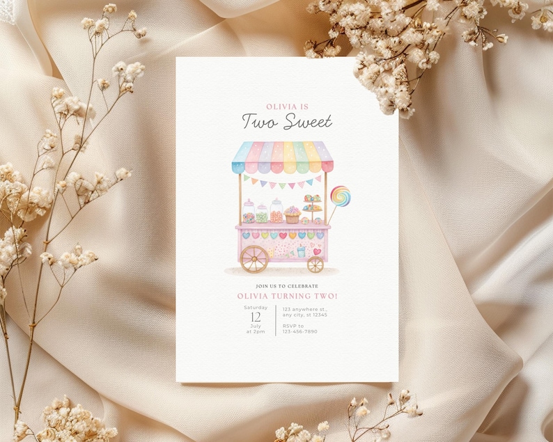 Two Sweet Invitation, Candy Invite, 2 Sweet Party, Candyland, Girl 2nd ...