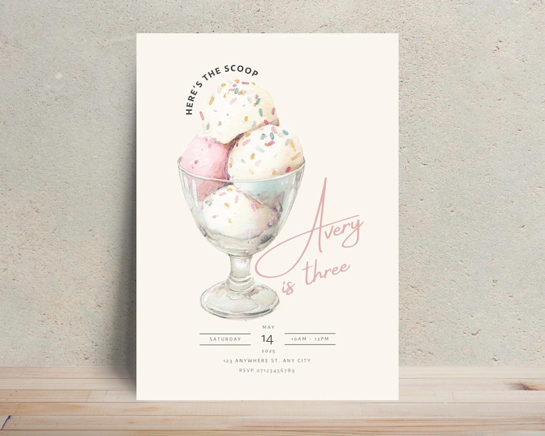 Here’s the Scoop Birthday Invitation, Any Age Girl, Ice Cream Theme ...