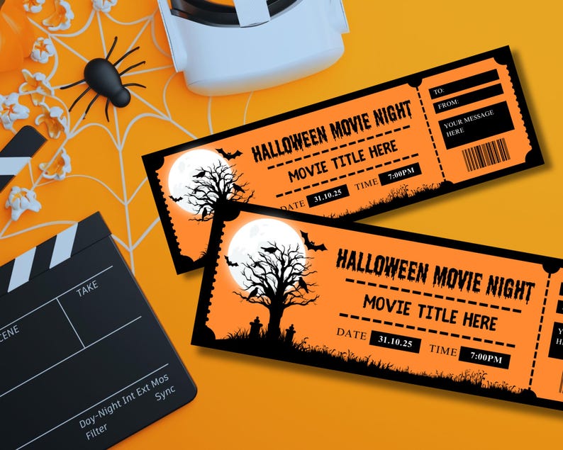Halloween Movie Night Ticket Template Gift | Spooky Movie Invitation ...