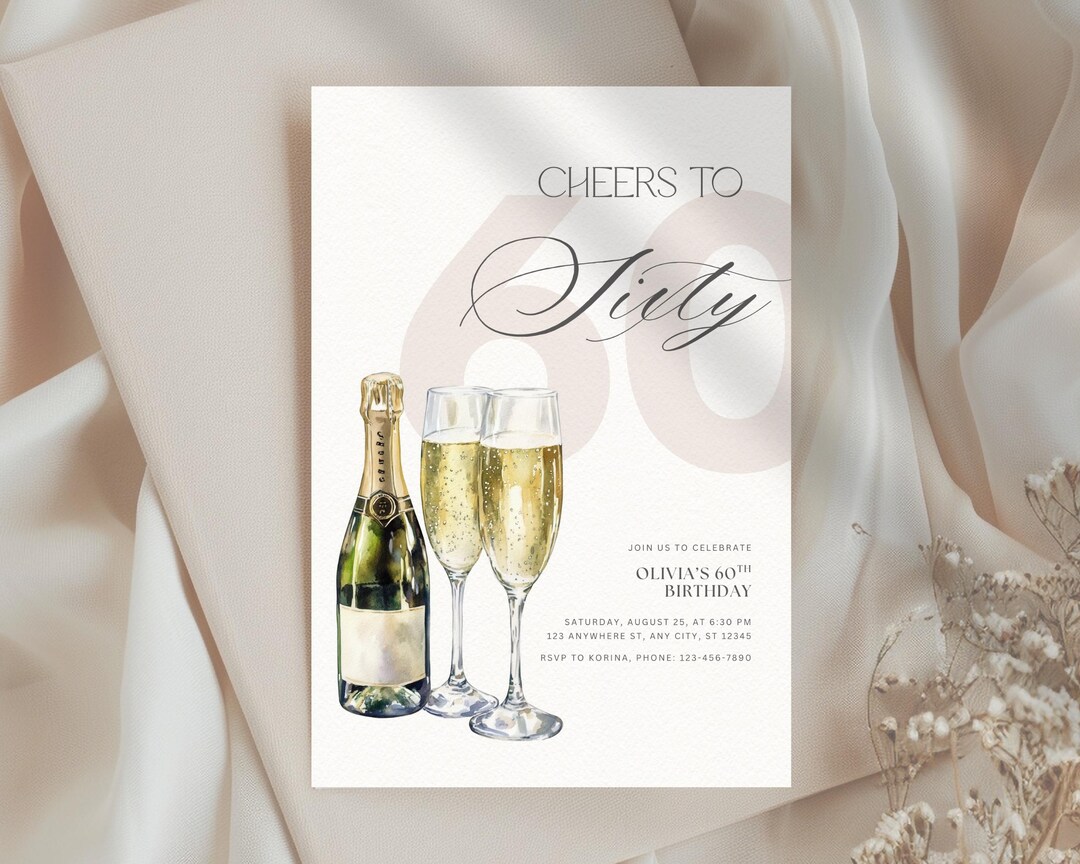 60th Birthday Invitation Template, Cheers to 60, Sixty Years Birthday ...