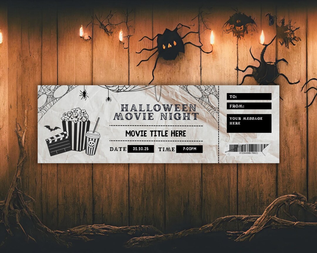 Halloween Movie Night Ticket Gift Template | Spooky Movie Invitation ...
