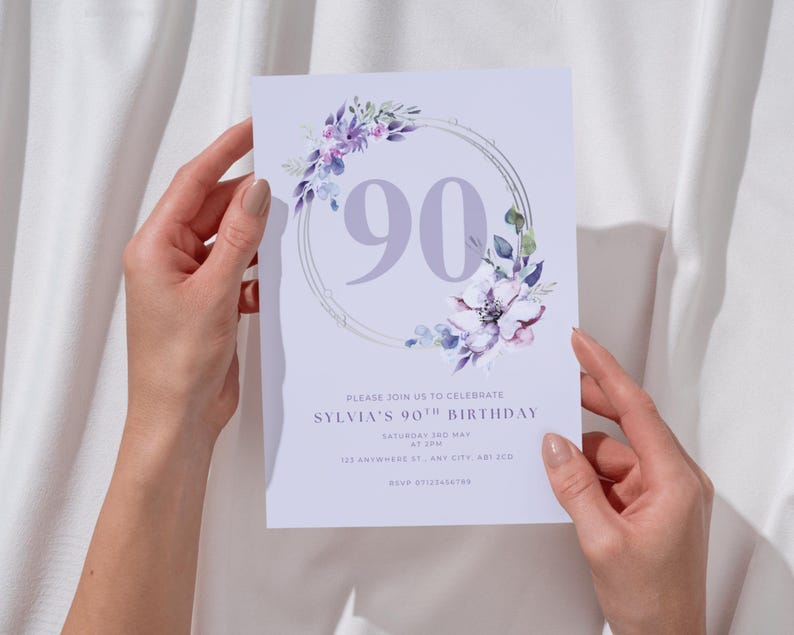 Purple 90th Birthday Invitation Template | Floral 90th Invite for Her ...