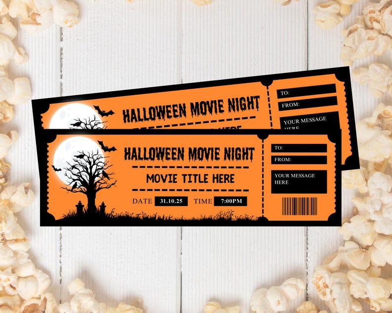 Halloween Movie Night Ticket Template Gift | Spooky Movie Invitation ...