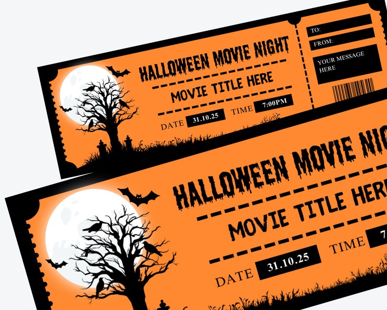 Halloween Movie Night Ticket Template Gift | Spooky Movie Invitation ...