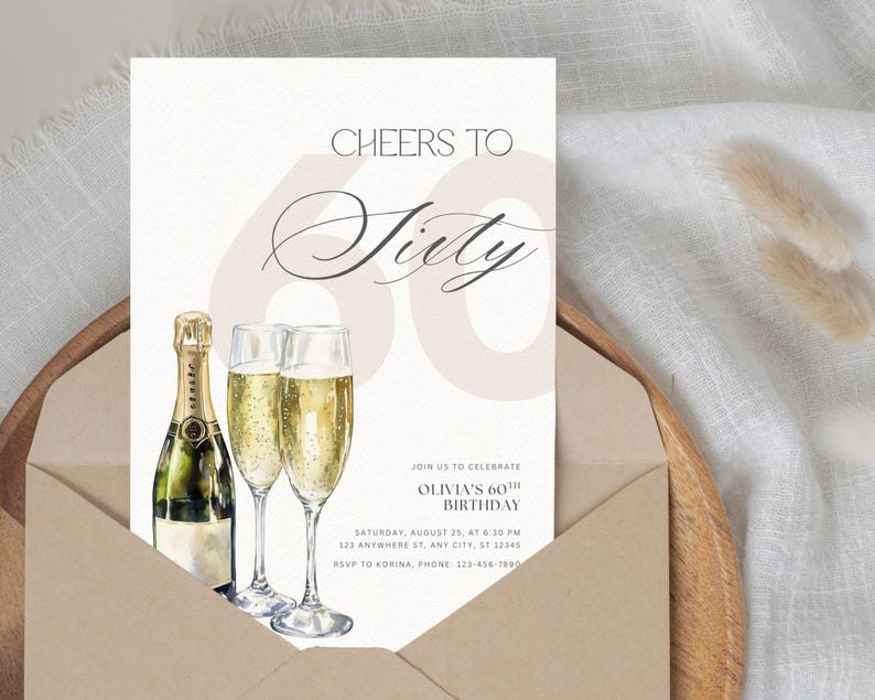 60th Birthday Invitation Template, Cheers to 60, Sixty Years Birthday ...