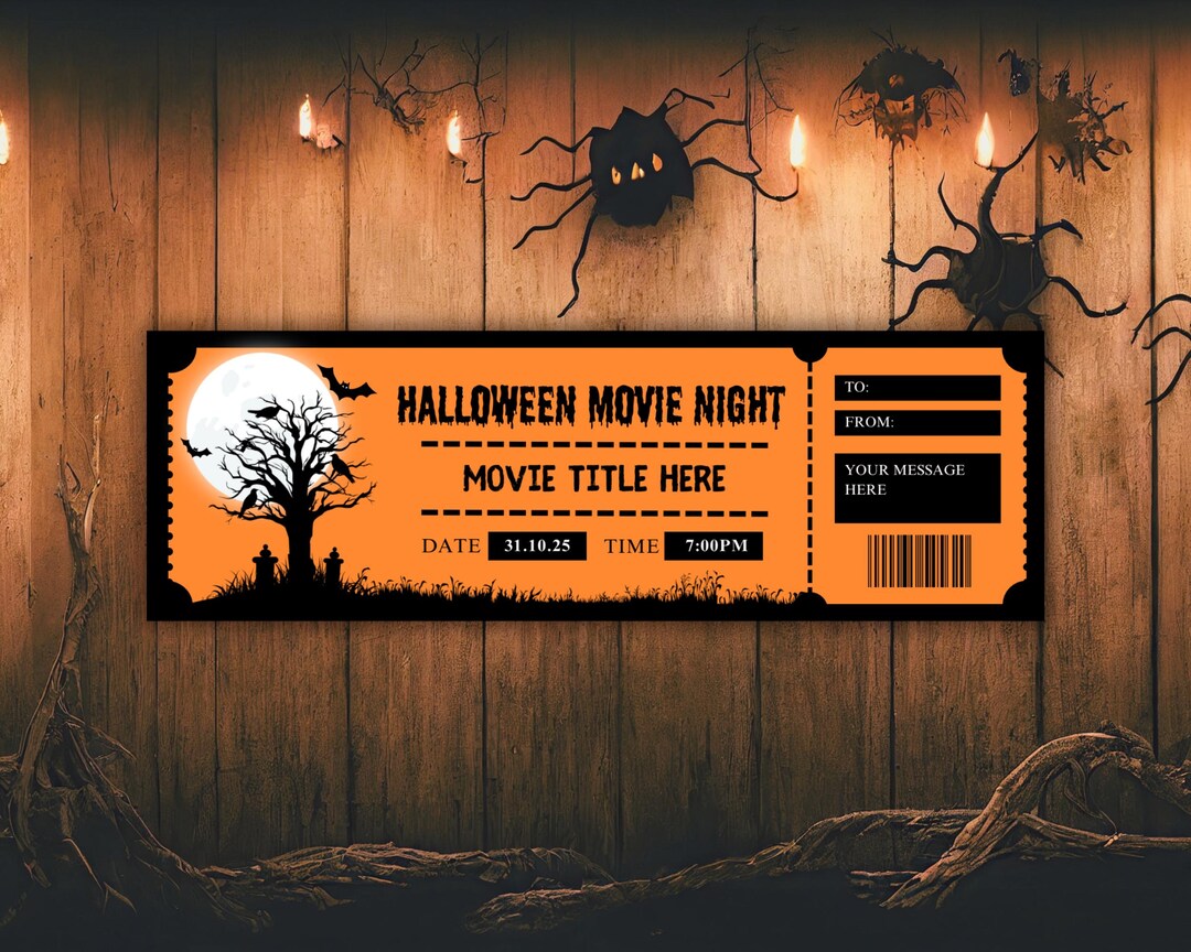 Halloween Movie Night Ticket Template Gift | Spooky Movie Invitation ...